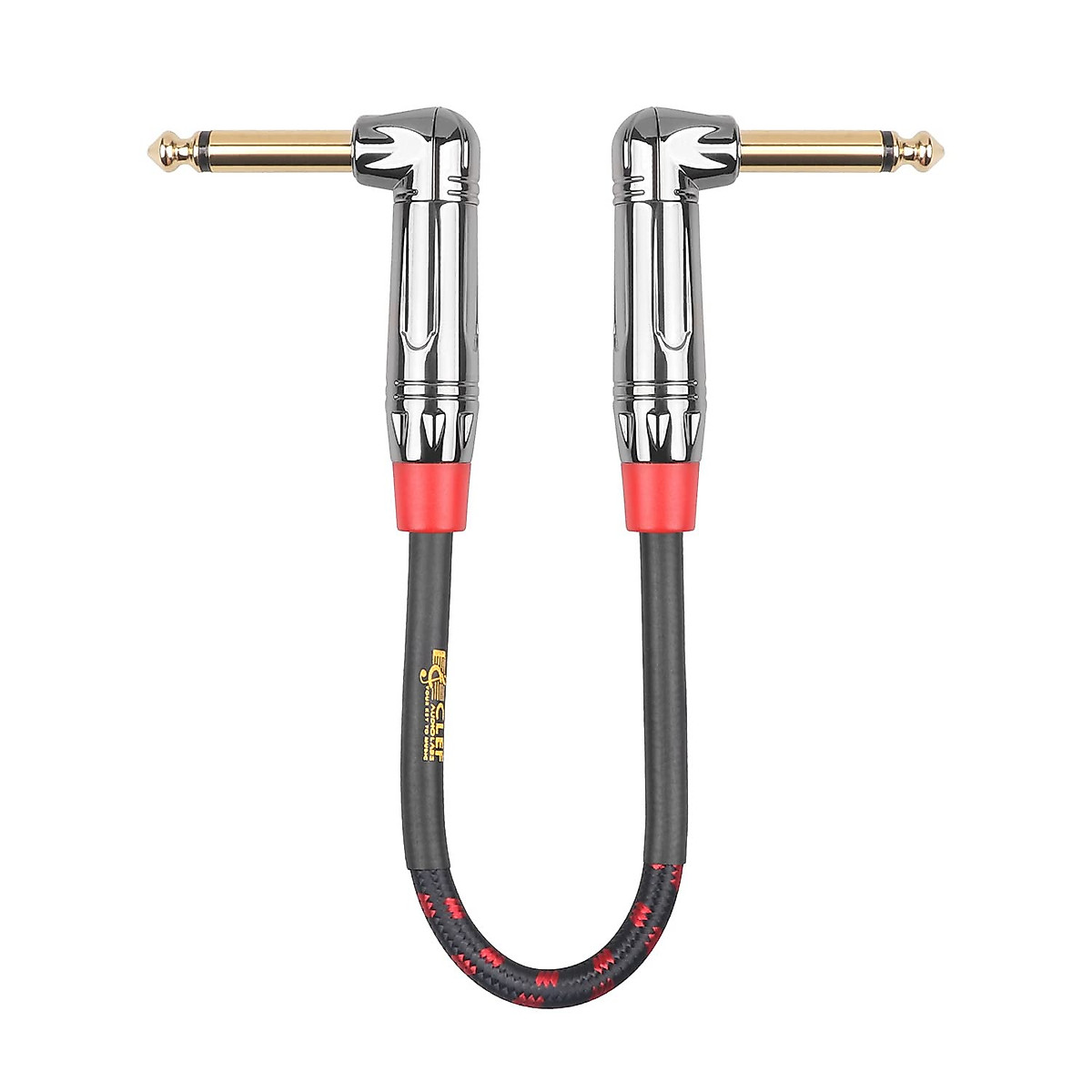 Clef Audio Labs Guitar Patch Cable, 6 inch - 1/4 inch TS Right Angled Guitar Pedal Effects Instrument Cord, 22AWG, Chrome Zinc Alloy Shell, Red Braided Jacket - 6-Pack