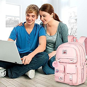 CCJPX Girls Backpack, 16 inch Elementary School Laptop Bag College Bookbag, Anti Theft Daypack for Teens Students Women - Pink
