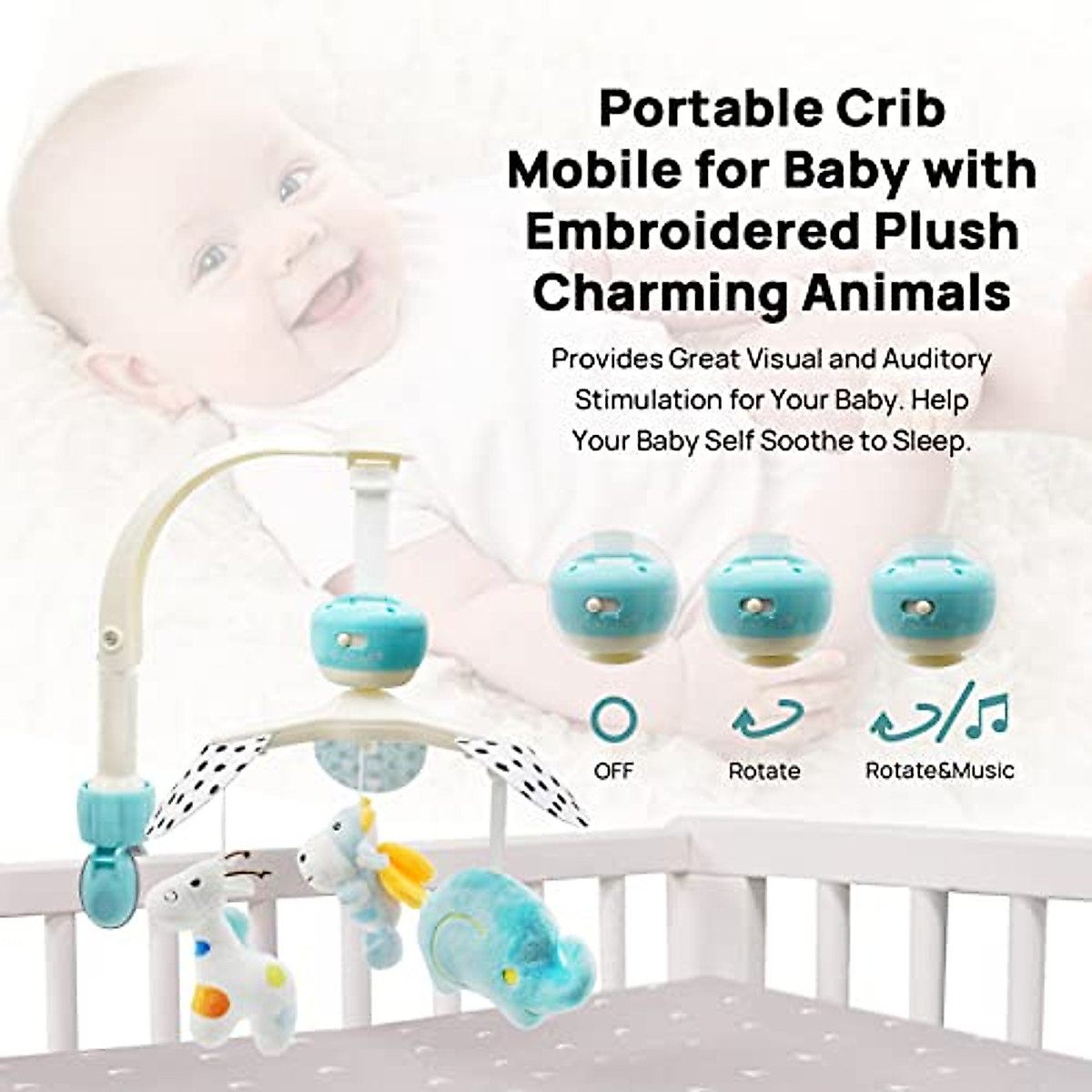 Duomilee Baby Mobile for Crib, Portable Mobile Crib for Baby with Relaxing Music, Rotatable and Length-Adjustable, Nursery Mobiles for Bassinet with Animals Toys for Newborn Aged 0-5 Months(Blue)