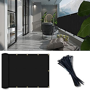 Vocray 3' x 16' Black Balcony Privacy Screen Fence Cover UV Resistant Protection Heavy Duty for Deck, Patio, Backyard, Railing Shield, Cable Ties Included, 90%