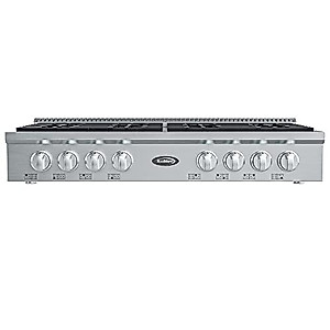KoolMore KM-HGRT48-SS 48 Inch Natural Gas Range-Top with 8 Sealed Italian, Stainless-Steel Stovetop Knobs, Edge Cast Iron Cooking Grates, Electronic Ignition, 48" (8 Burners), Silver