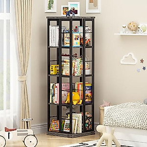 Besiost Bookshelf, Rotating Bookshelf Corner Bookcase, 360 Wood Spinning Narrow Bookshelf, 4 Tier Floor Standing Bookcase Shelf Revolving Organizer Storage Rack for Small Space, Study Room, Black Oak