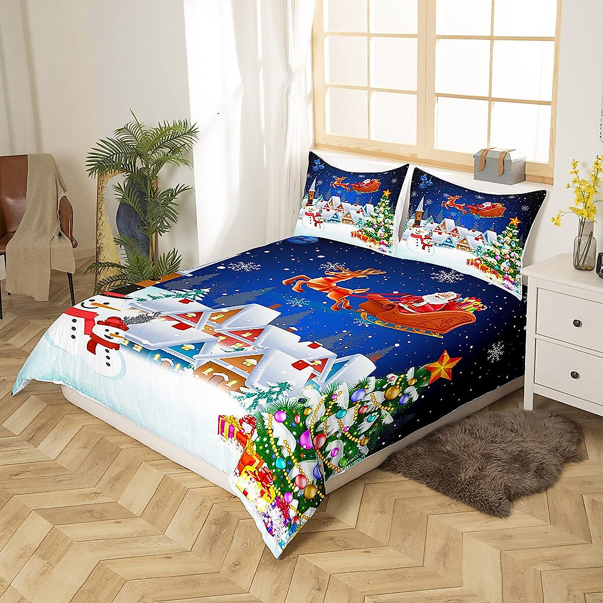 Manfei Christmas Duvet Cover Set Queen Size, Snowman Xmas Tree Print Comforter Cover Santa Claus with Reindeer Bedding Set 3pcs for Kids Girls New Year Theme Bedspread Cover,2 Pillowcases,No Comforter