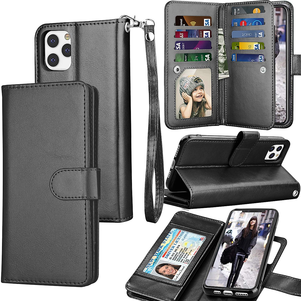 Tekcoo Wallet Case for iPhone 11 Pro / iPhone11 Pro (5.8 inch) 2019 Luxury ID Cash Credit Card Slots Holder Carrying Pouch Folio Flip PU Leather Cover [Detachable Magnetic Hard Case] Lanyard - Black