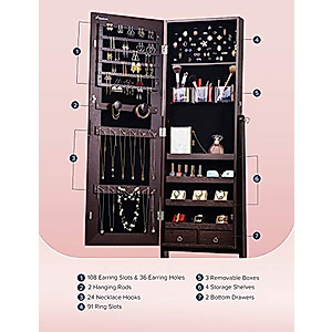 Nicetree 2022 Upgraded Jewelry Armoire with Mirror, Wall/Door Mounted Jewelry Cabinet, Freestanding Mirror with Jewelry Storage