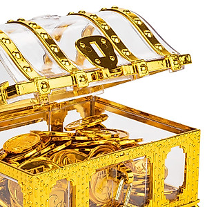 Pemalin Pirate Treasure Chest for Kids Toy, Decorative Transparent Golden Pirate Chest with Lock and Key