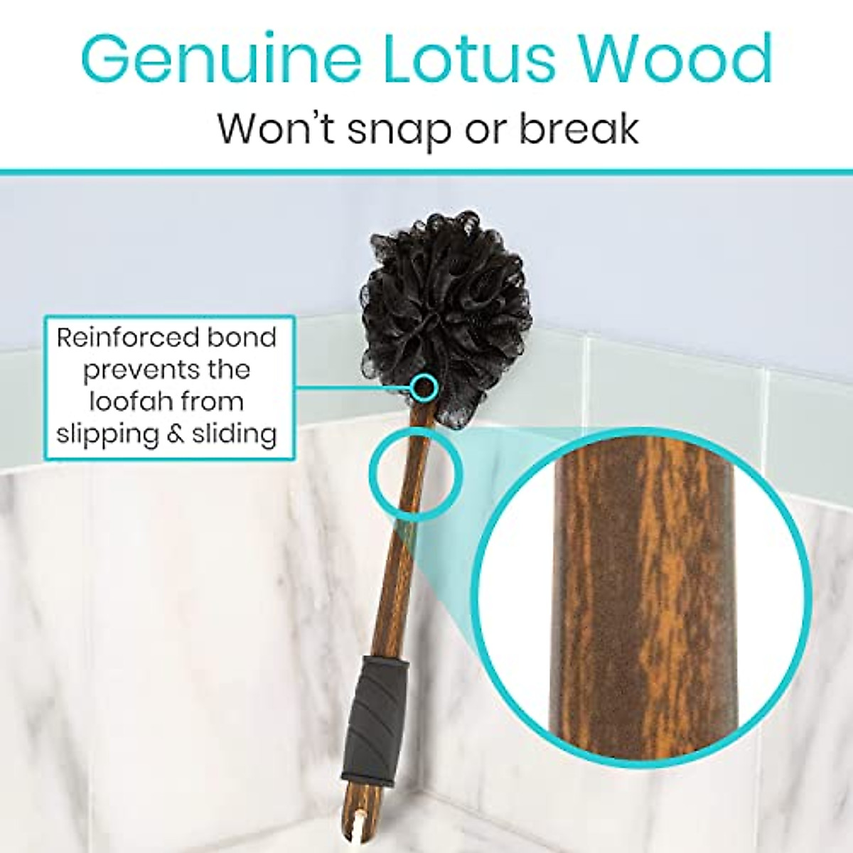 Loofah Back Scrubber by Vive - Long Handled Exfoliating Bath & Shower Body Brush Luffa Sponge On a Stick w/String for Hook - Men & Women (Loofah Brush Dark Wood)