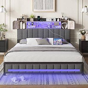Queen Bed Frame with 3-Tier Headboard & 2 Hidden Storage, LED Lights Upholstered Bed Frame Queen Size with Charging Station, Platform Metal Bed Frame with Storage, No Box Spring Needed, Charcoal Gray