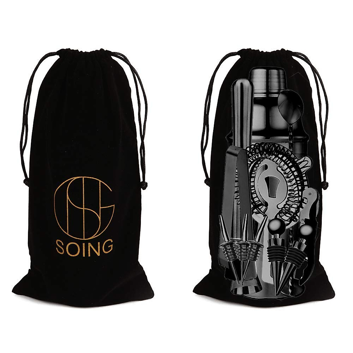 Soing Black 24-Piece Cocktail Shaker Set,Perfect Home Bartending Kit for Drink Mixing,Stainless Steel Bar Tools With Stand,Velvet Carry Bag & Recipes Included