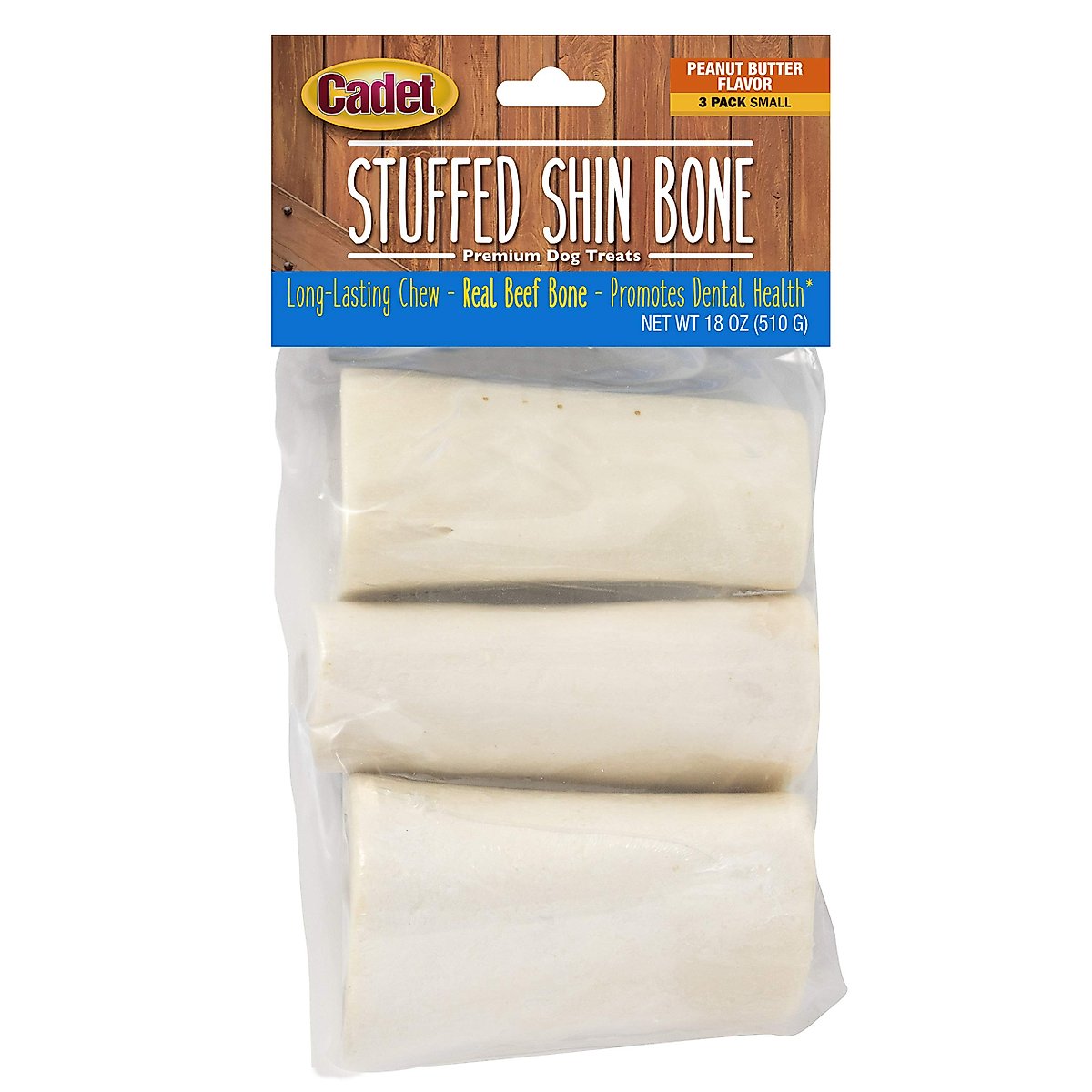 Cadet Stuffed Shin Bones - Highly Digestible, High Protein, Long-Lasting Dog Chew Bone for Aggressive Chewers, Supports Dental Health, - Peanut Butter Flavor, Small (3 Count)