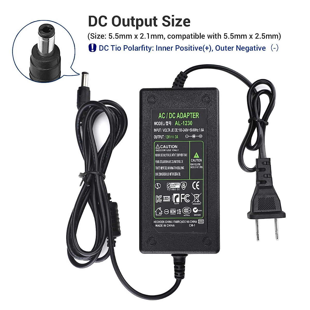 DC 12V 3A Power Adapter, US Plug, 4.6FT Power Cord, 36 Watt AC 100-240V to DC 12Volt Transformers, Switching Power Supply for LED Strip Light, Camera, Wireless Router 2.1mm X 5.5mm