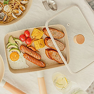 FIKA Kitchen Nonstick Brunch Pan with Glass Lid, Japanese Tamagoyaki Large Omelet Skillet, Healthy Cooking Stir Fry Pan with Wood Handle, Induction Compatible Cookware, Made in Korea (11.4" X 8")