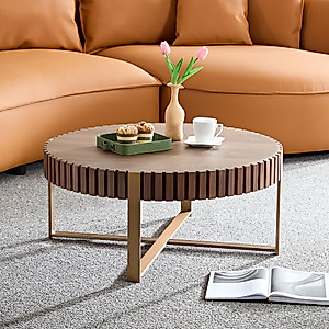 LKTART 31.5'' Round Coffee Table for Living Room, Solid Wood Handcraft Drum Coffee Table, Wooden Felief Coffee Table, Stainless Steel Legs Sturdy Pedestal Tea Table, Apartment Small Space,Walnut