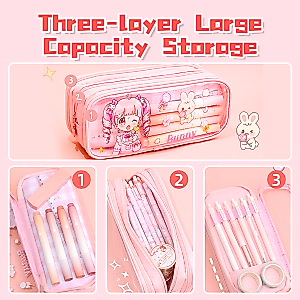 MILLEVIBE ITA Pencil Pouch Kawaii Large Capacity Pen Case : Cute Aesthetic Pencil Box Stationery Supplies for Teen Girls, 4 Included Highlighters (Pink)