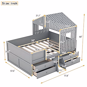 BOVZA Kids Full Size House Low Loft Bed with 4 Storage Drawers, Wood Playhouse Bed with Roof, Stairs and Safety Guardrail, for Kids Boys Girls Teens Bedroom, Gray