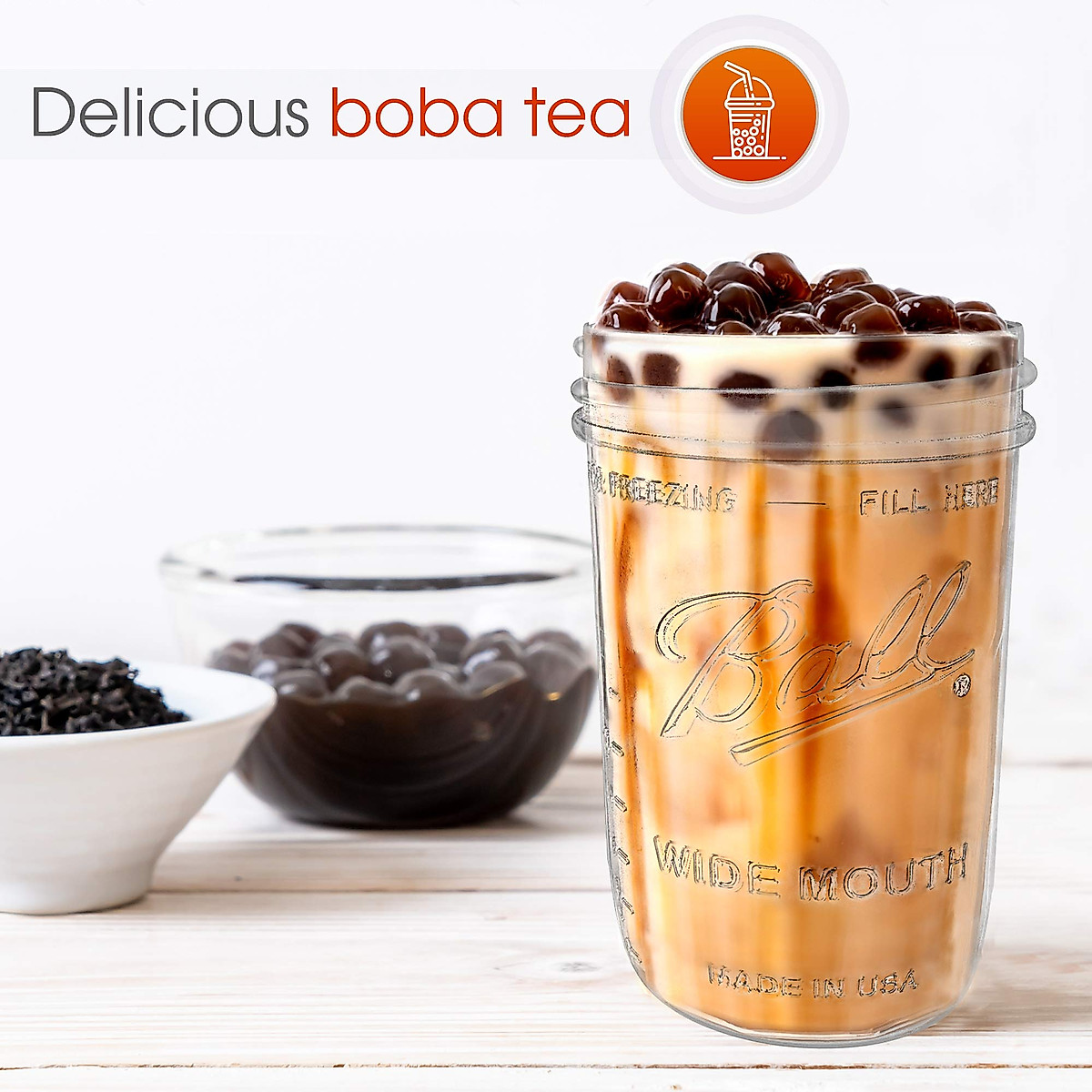Reusable Boba Bubble Tea & Smoothie Cups - 2 Glass Wide Mouth 16oz Mason Jars with Bamboo Lids - 2 Reusable Gold Stainless Steel Boba Straws