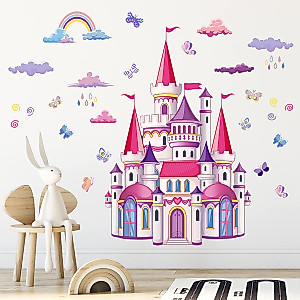 Pinenjoy Cartoon Castle Wall Decal Colorful Rainbow Clouds Butterfly Wall Stickers 39x30inch Fantasy Removable Self-Adhesive Vinyl Wall Clings for DIY Girls Bedroom Nursery Classroom Living Room