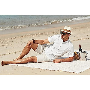 JMIERR Mens Casual Cotton Linen Texture Henley Shirt Short Sleeve Button Down Shirt Summer Beach Tropical Cruise Shirts US 43(L) White