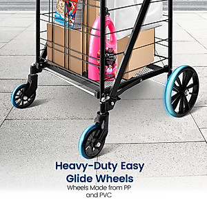 SereneLife Folding Grocery Utility Shopping Supermarket Cart with 360 Rolling Swivel Wheels, Large Capacity 110 lbs, Portable, Collapsible Compact Folding, for Grocery, Laundry, Luggage