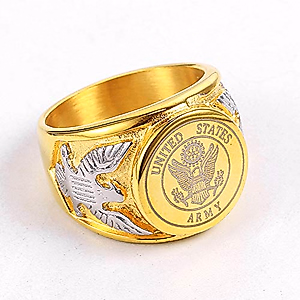 JAJAFOOK Vintage Titanium Steel US Military Army Ring Eagle Medal Rings for Men,Gold with Silver 10