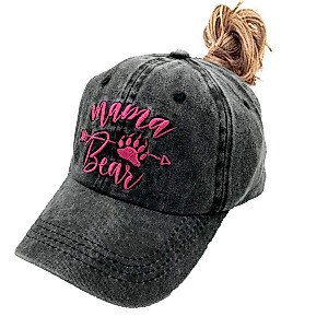 LOKIDVE Mama Bear Ponytail Hat Embroidered Messy High Bun Distressed Baseball Cap