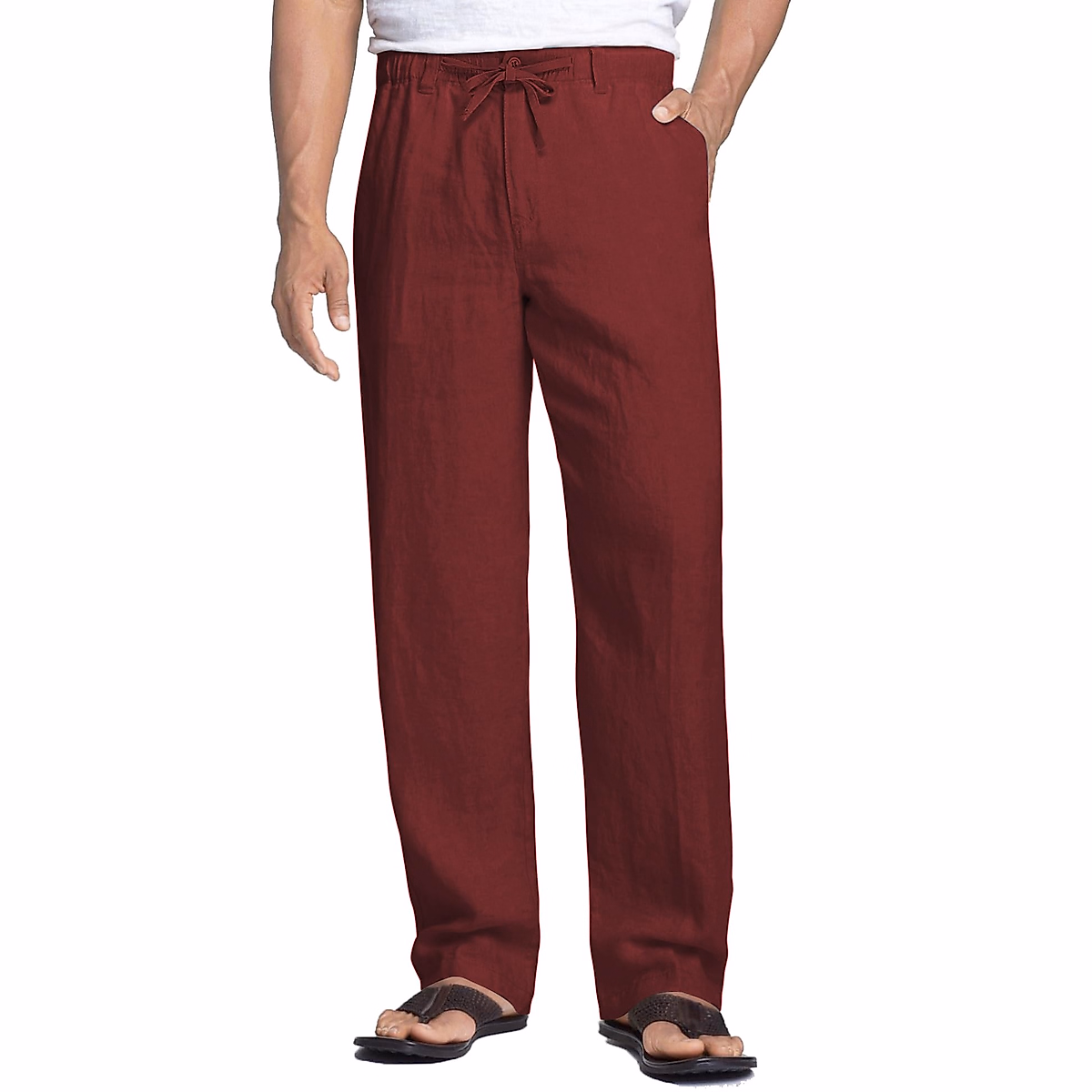 COOFANDY Light Pants for Men Summer Elastic Waist Casual Beach Slacks Linen Blend Trousers (Wine Red, XXXL)