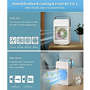 Personal Air Cooler, 70°Oscillating Evaporative Ultra Portable Personal Air Cooler with 7 Colors LED Light, 4 Wind Speeds, 2 Refrigeration, 2/4/6Timer, 2 Spray Modes and 450ml large tank for Office