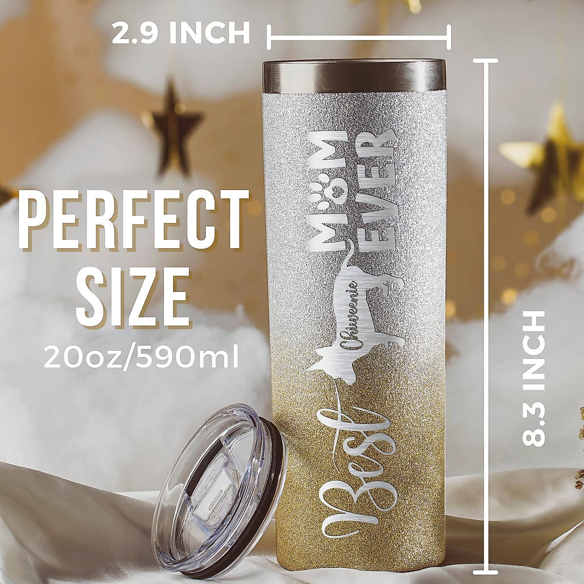 Onebttl Dog Mom Gifts, Dog Lover Gifts for Women, Best Dog Mom Ever, 20 oz Glitter Silver-Gold Insulated Tumbler - Chiweenie Mom