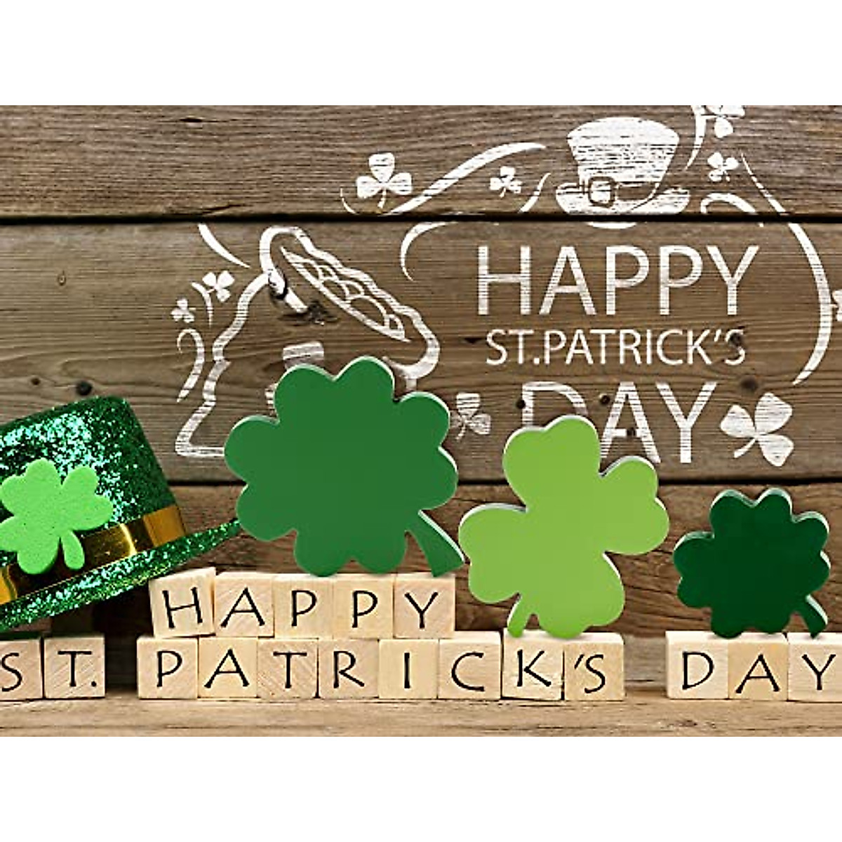 Whaline St. Patrick's Day Wooden Sign 3 Sizes Green Clover Table Centerpiece Freestanding Shamrock Wood Tiered Tray Tabletop Decoration for Irish Holiday Home Party Fireplace Farmhouse Office