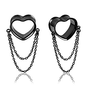 DOEARKO 2 Pcs Ear Gauges Simple Style Tunnels Dangle Plugs with Chain Elegant Stretchers Hypoallergenic Stainless Steel Body Jewelry (14mm(9/16"), Black Heart)