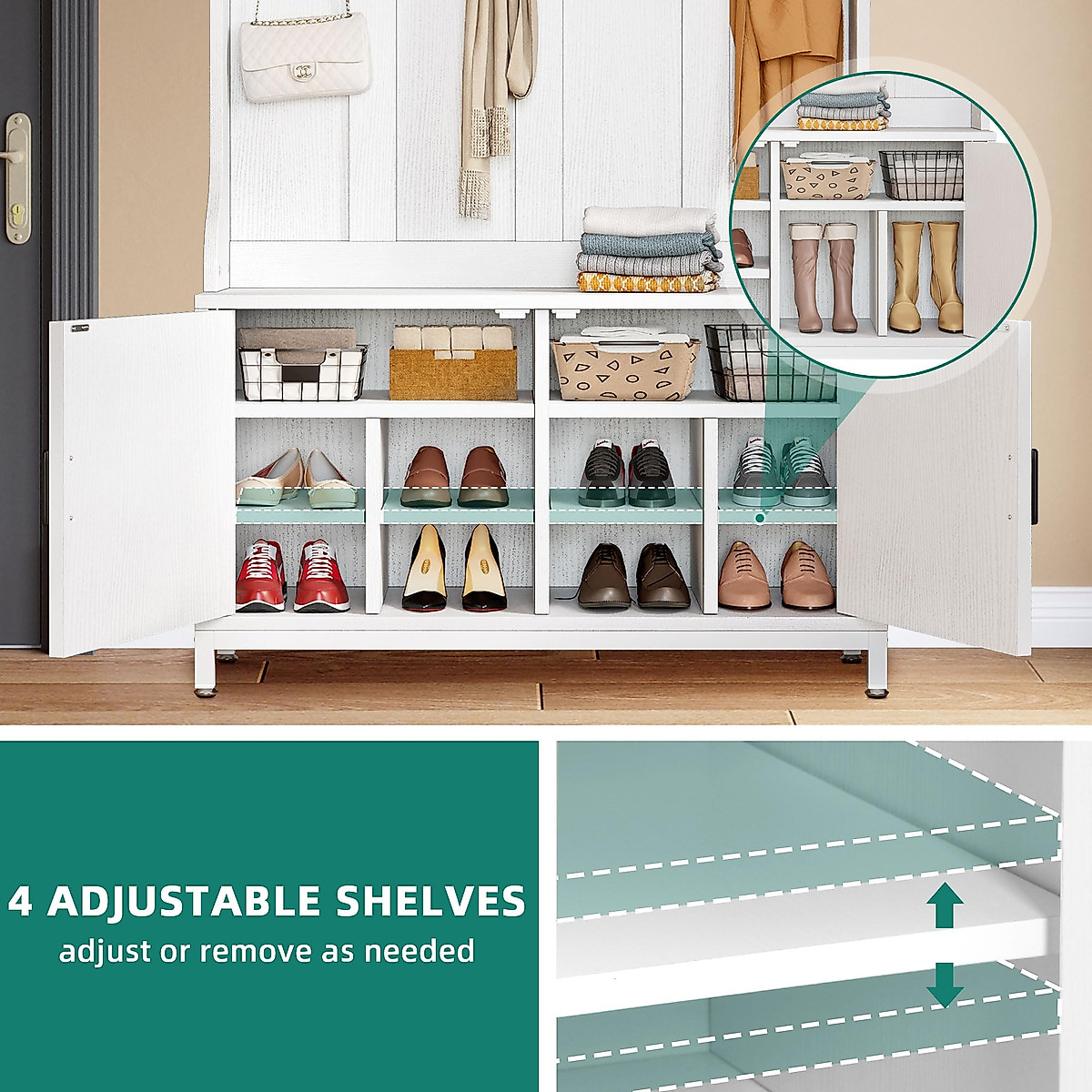 YITAHOME Entryway Bench with Coat Rack, 4-in-1 Hall Tree with Shoe Storage Bench, 7 Hooks and Bottom Shoe Cabinet for Hallway, Entryway, Bedroom, White