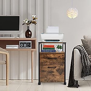 Fameill Rolling Filing Cabinet 2 Drawer File Cabinet Industrial Printer Stand for Home Office Small Under Desk Cabinet with Open Shelf,Storage Cabinet for A4, Letter Size, Rustic Brown