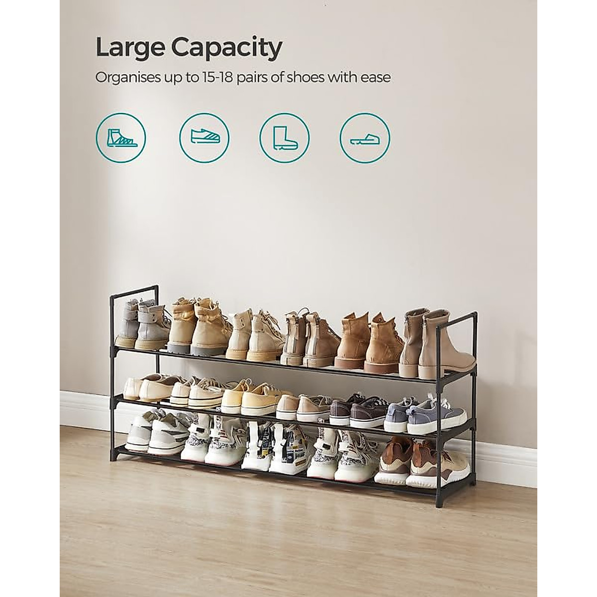 SONGMICS Shoe Rack, 3 Tier Shoe Organizer, Metal Shoe Storage Shelf for 18 Pairs of Shoes, Easy to Assemble, Entryway, Black ULSA033B01