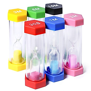 PROLOSO 6 Pcs Colorful Sand Timers Set Platic Sandglass Hourglass Sand Clock Timer 30sec/ 1min/ 2mins/ 3 Minutes/ 5 Minute/ 10mins for Kids Games Classroom Home Office Kitchen