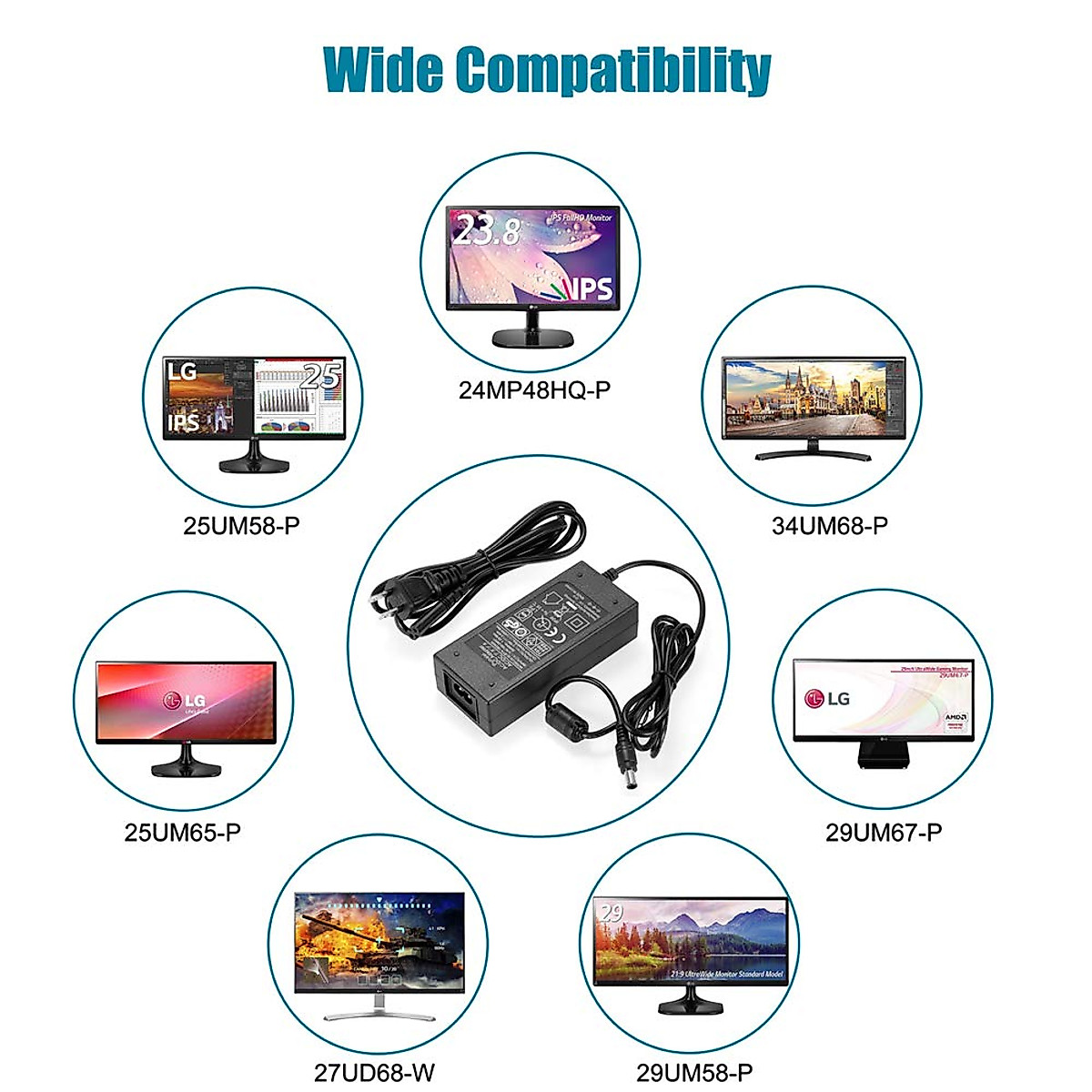19V AC Adapter for LG Monitor 65W Power Supply Fits for LG 19" 20" 22" 23" 24" 27" LED LCD HD TV Widescreen Flatron IPS236V IPS236-PN LG 24MP48HQ 25UM58-P 27GL83A-B Charger Cord Replacement