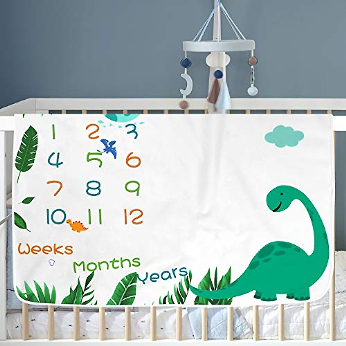 Decoroca Dinosaur Baby Monthly Milestone Blanket - Perfect for Celebrating Your Baby's Growth - Capture Precious Moments Together (50" × 40" with 12 Stickers)