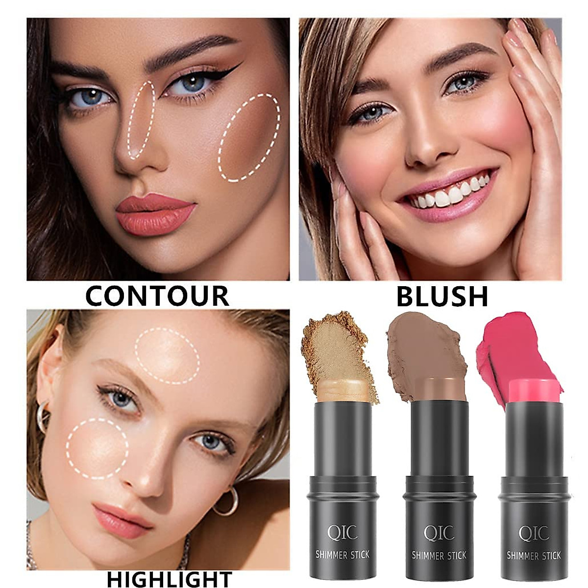 Go Ho 3PCS Cool-tone Contour Highlight Blush Stick Set,Cream Contour Stick Kit,Long-Wearing,Natural-Looking Contouring Face Foundation Makeup -Shimmer Highlighter,Blush&Bronzer Shading Contour