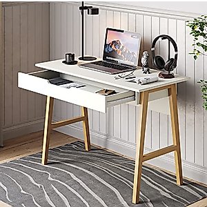 Parma 42 Inch Modern Desk - Home & Office Small Computer Desk with Wide Drawer - Wooden Study Writing Minimalist Desk with Storage for Small Space, Bedroom & Workstations - Student Desk/Table (White)