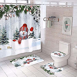 4Pcs Merry Christmas Snowman Shower Curtain Set with Non-Slip Rugs and Toilet Lid Cover Winter Holiday Xmas Fabric Shower Curtain Bathroom Decor with Hooks Waterproof Washable 72" x 72'' White Green