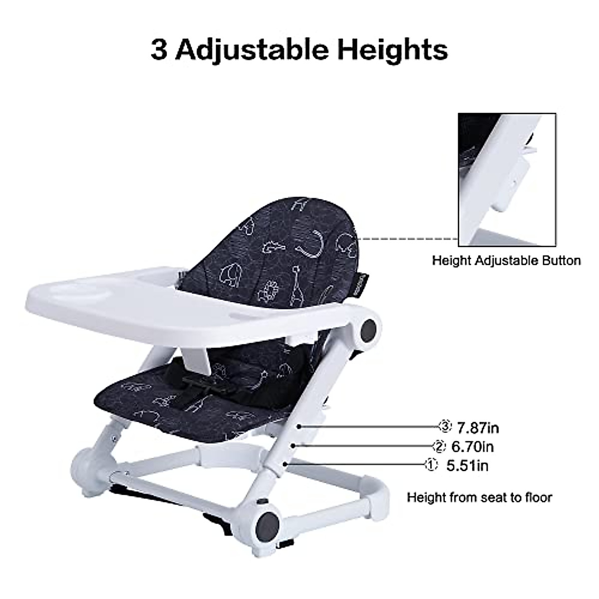 Pamo Babe Booster Seat for Dining Table, Travel Lightweight Folding 2-in-1 Feeding Seat for Baby, Adjustable Tray and Adjustable Hight (Black)