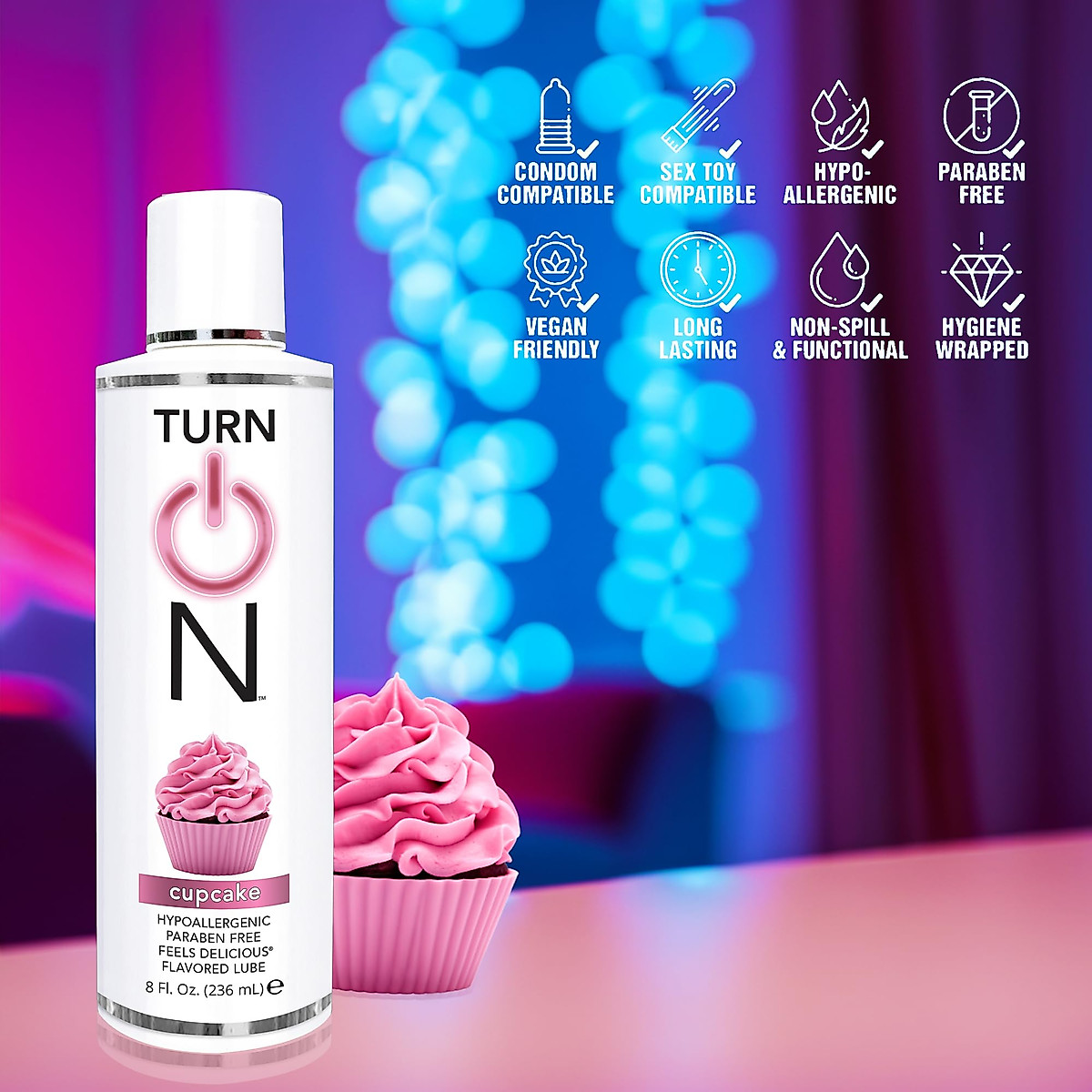 Turn On Cupcake Flavored Sex Lube 8 Ounce Premium Personal Lubricant - Long Lasting, Condom Safe, Vegan, Ph Balanced, Hypoallergenic & Paraben Free, Gel Lube for Men, Women, & Couples