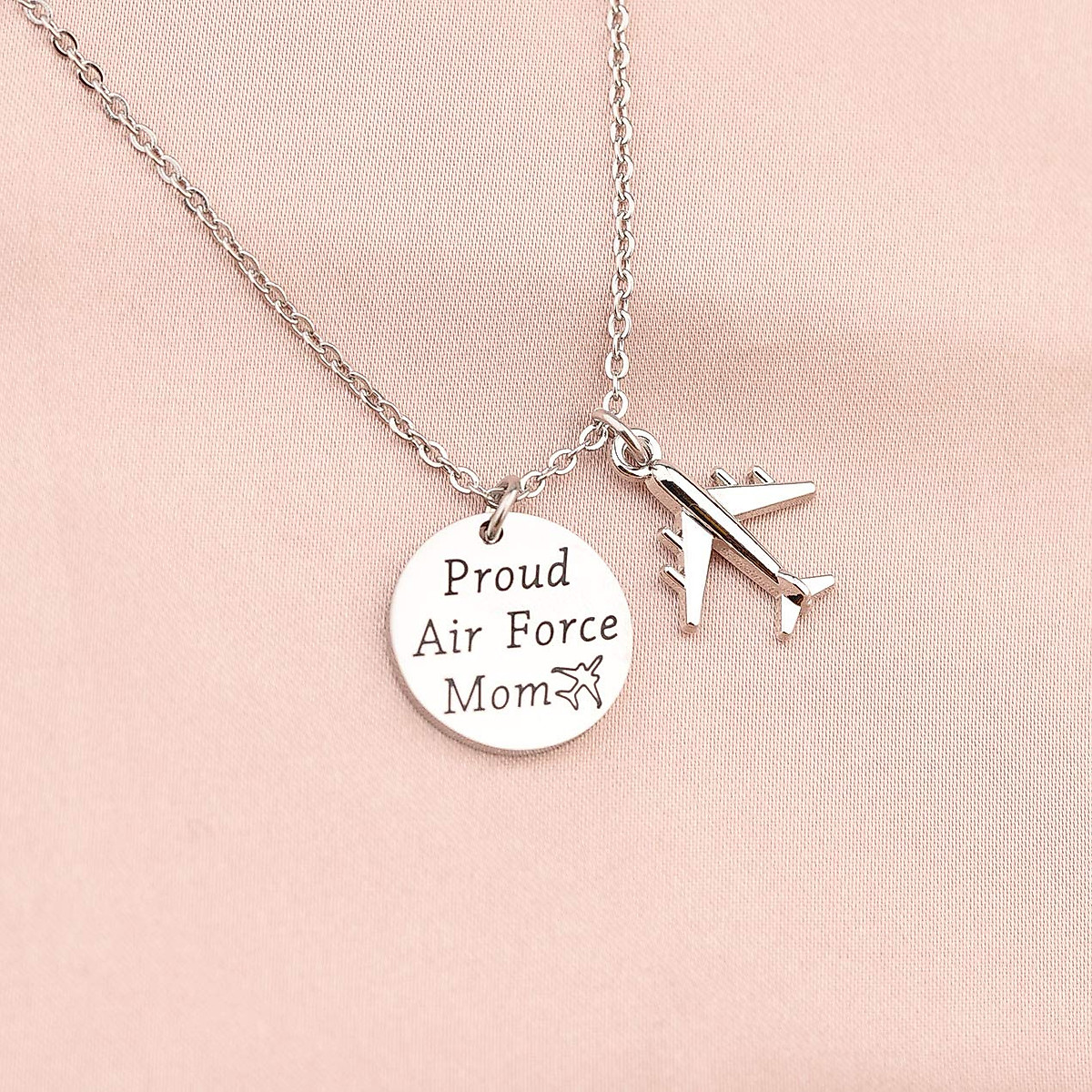 LQRI Airforce Mom Gift Proud Air Force Mom Necklace Airplane Charm Military Deployment Gift Long Distance Relationship Necklace for Mother (silver)