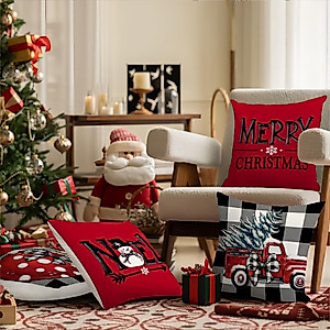 AACORS Christmas Pillow Covers 18 x 18 Inch Set of 4, Buffalo Polka Dots Bowknot Snow Tree Merry Xmas Decorations Holiday Farmhouse Winter Throw Pillow Cases Decor for Sofa Couch AA272-18