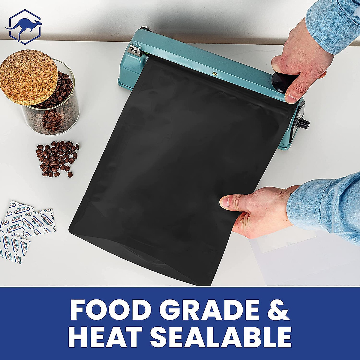 Wallaby 60 Count 1-Gallon Gusset Mylar Bags with 400cc Oxygen Absorbers, 15 Mil Total Thicker Long-Term Food Storage Pouches, 10x14 Stand-Up Resealable Heat-Sealable Airtight Packaging - Matte Black