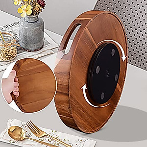 Lazy Susan Wooden Round Tray with Built-in Handles, Farmhouse Wood Serving Tray with Rotating System, Multifunctional Organizer Tray for Home Decorations Bath Vanity Tray Kitchen Counter Ottoman Tray