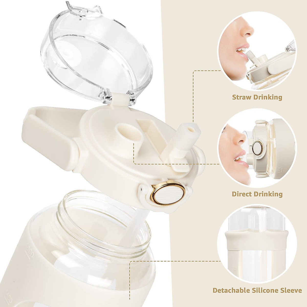 futaiphy 64oz Glass Water Bottles with Straw, Water Bottle with Silicone Sleeve & Double Drinking Lid Handle, Leakproof & BPA Free Reusable Clear Glass Water Jug with Sports Bottles, purple