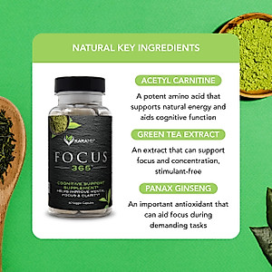 KaraMD Focus 365 - Nootropic Brain Supplement for Memory & Focus - with Maca Root, Ginseng, Acetyl L-Carnitine & Green Tea - Vegetable Capsules - 30 Servings (60 Capsules)