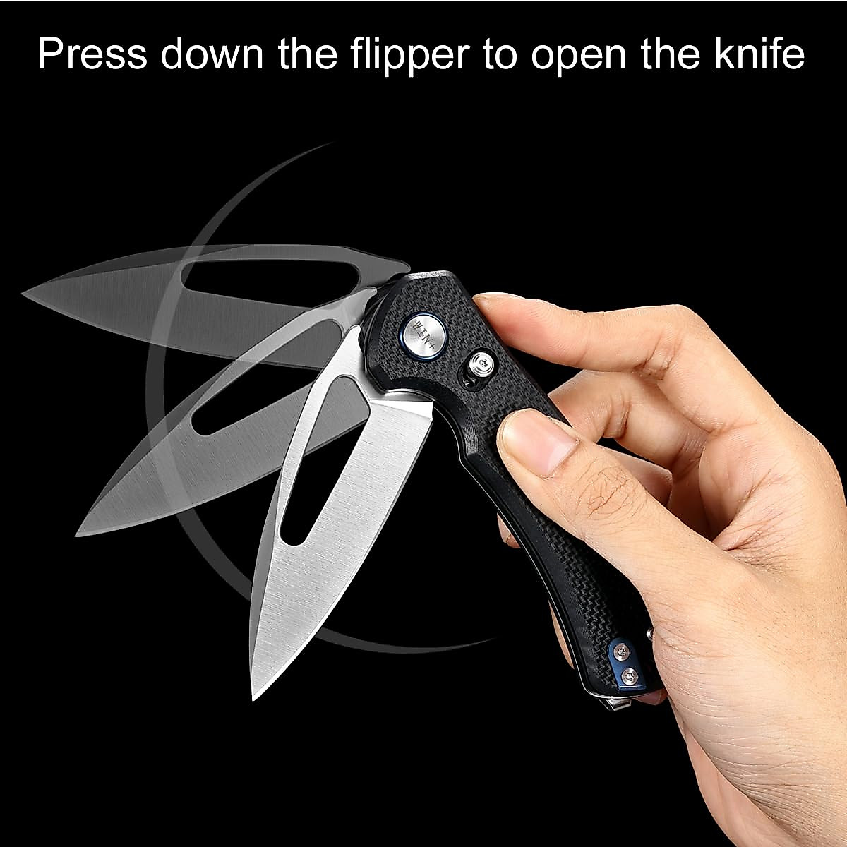 WIN+ Pocket Knife, Folding Knife with Button Lock and Axis Lock, Tactical Knife with Ball Bearing and Thumb Hole for Men and Women, Good for Camping and Outdoor 3444 (Black-G10)