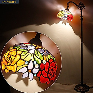 WERFACTORY Tiffany Floor Lamp Red Rose Flower Stained Glass Arched Lamp 10X18X64 Inches Gooseneck Adjustable Corner Standing Reading Light Decor Bedroom Living Room S001 Series