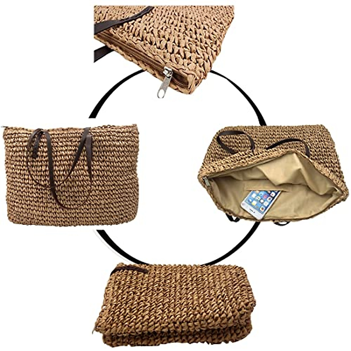 Abuyall Straw Purses for Women Shoulder Handbags Weaving Summer Beach Tote Bag (Solid)